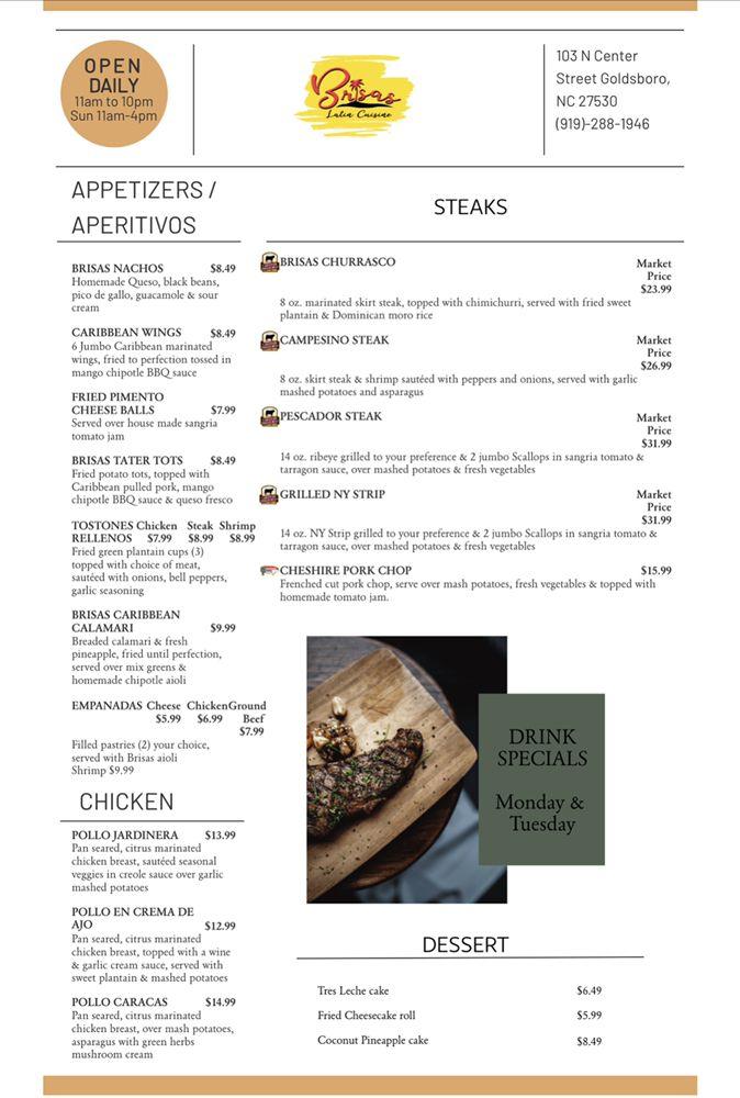 Menu at Brisas restaurant, Goldsboro