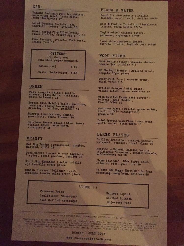 Menu at Buccan restaurant, Palm Beach