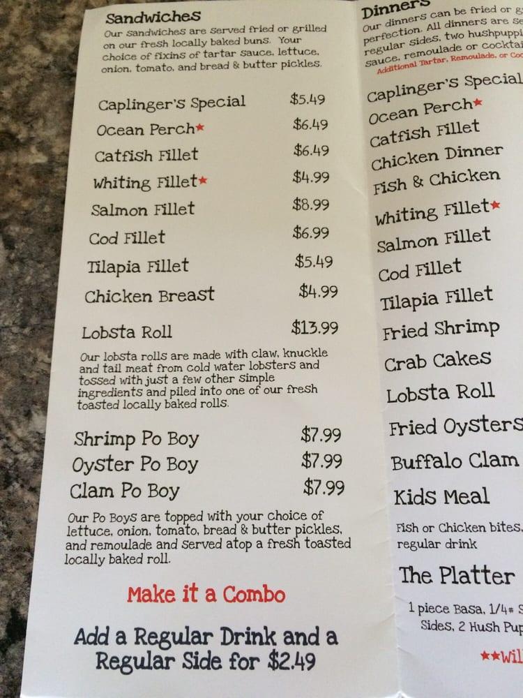 Menu at Caplinger's Fresh Catch restaurant, Indianapolis, Shadeland Ave