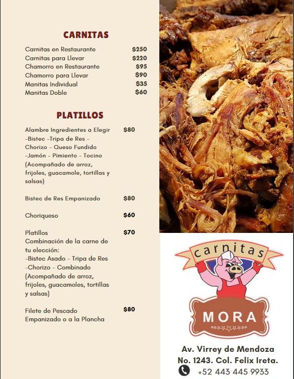 Menu at Carnitas Mora restaurant, Morelia