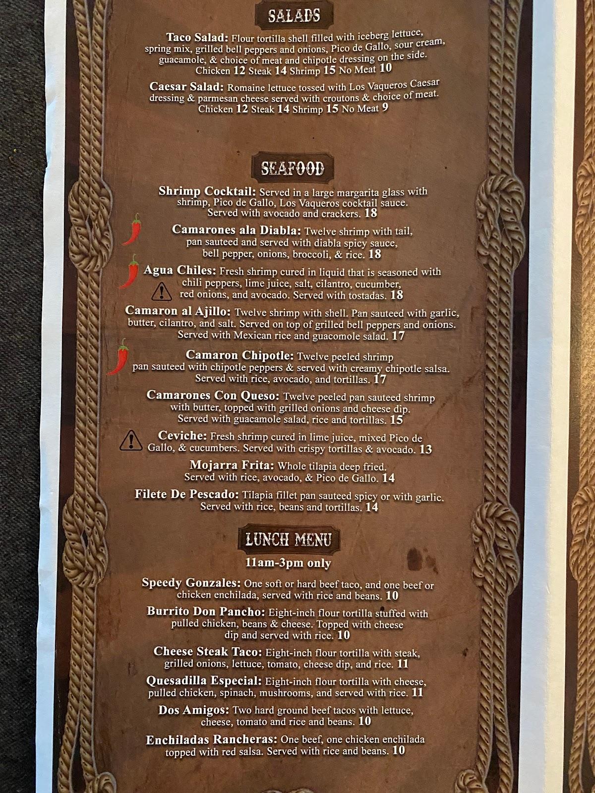 Menu at Los Vaqueros Mexican Restaurant, Lake Toxaway