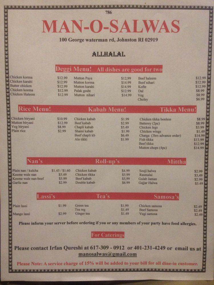 Menu at Man-O-Salwa restaurant, Johnston
