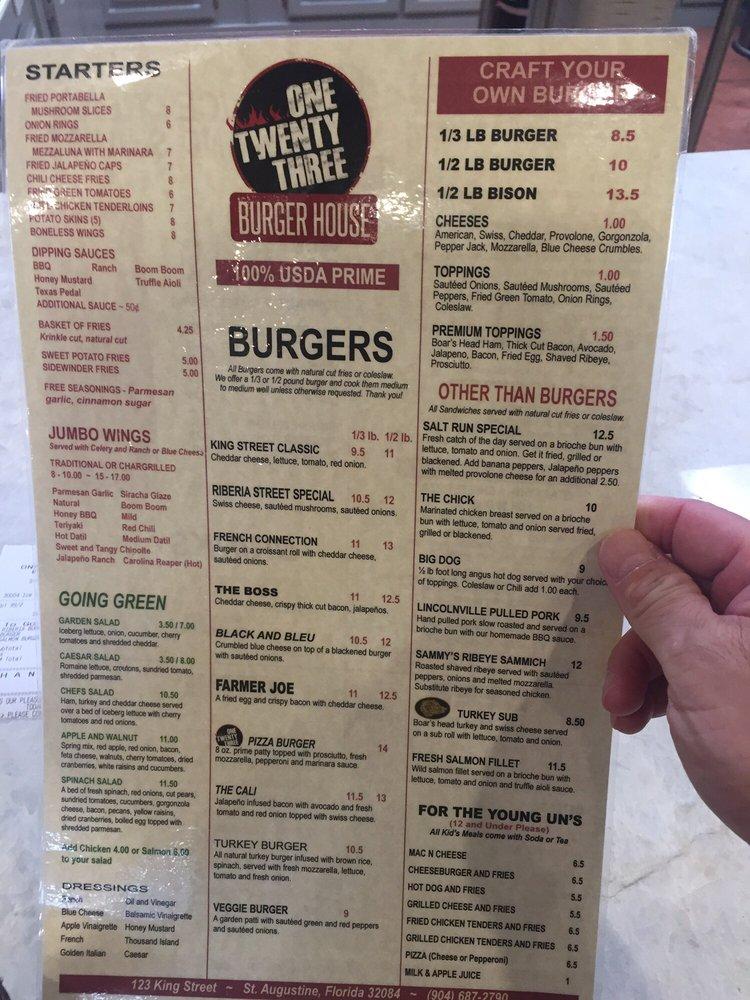 Menu at One Twenty Three Burger House restaurant, St. Augustine