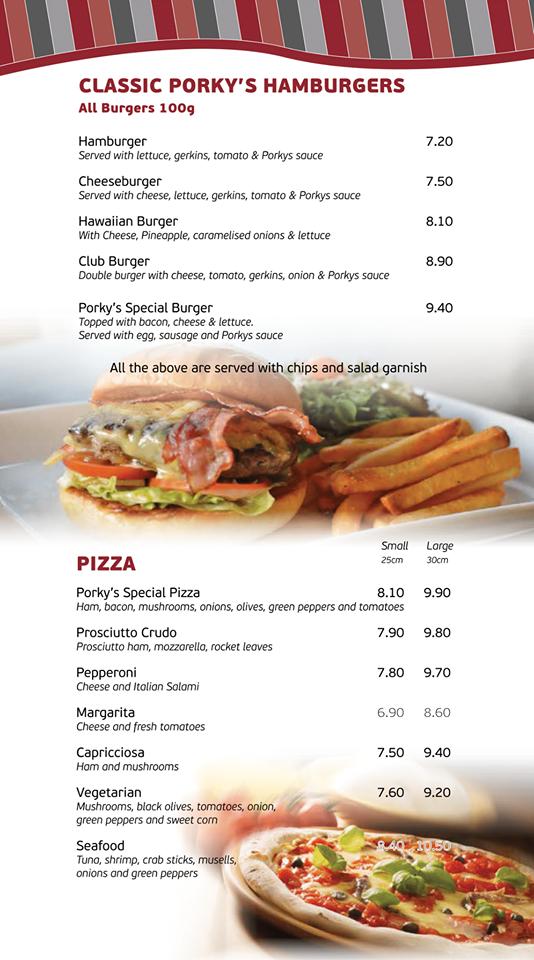 Menu at Porky's, Protaras, 228X+WF3