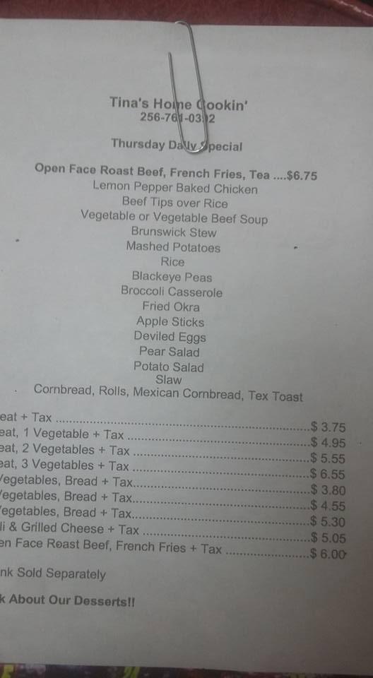 Menu at Tina's Home Cookin' restaurant, Talladega