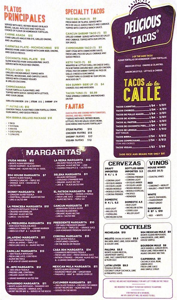 Menu at 904 Tacos Five Points Jacksonville pub & bar, Jacksonville