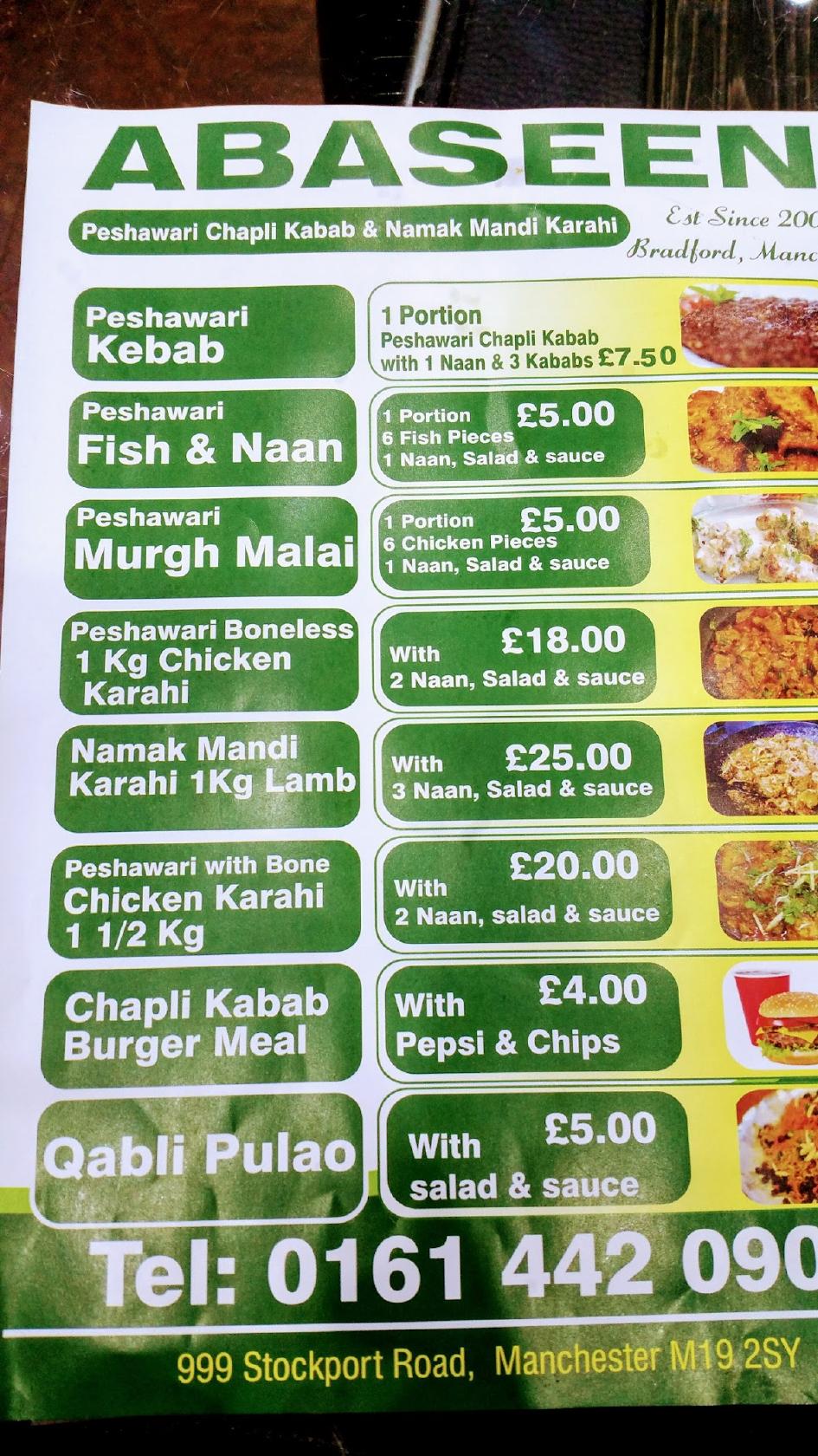 Menu at Abaseen restaurant, Manchester, 999 Stockport Rd