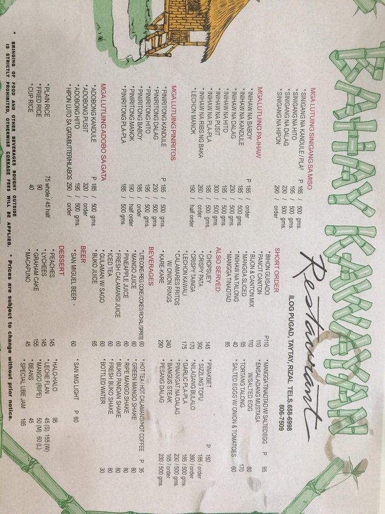 Menu at Bahay Kawayan Restaurant, Taytay, H43Q+CFV
