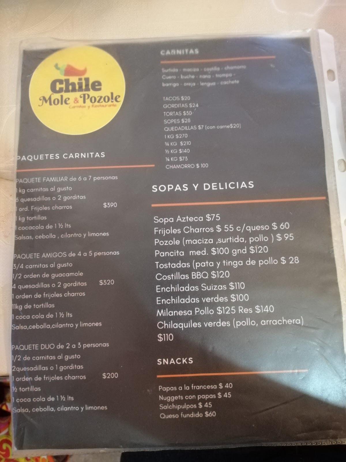 Menu at De Chile Mole y Pozole restaurant, Ciudad Nezahualcóyotl