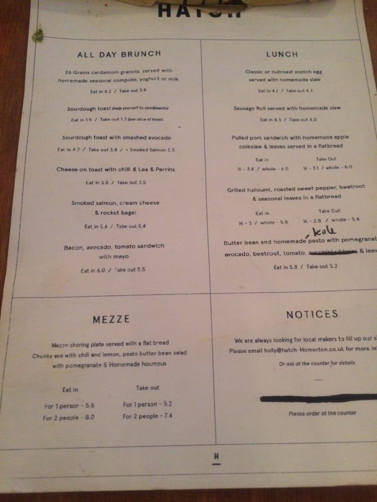 Menu at Hatch pub & bar, London, Unit G2 8 Mackintosh Lane