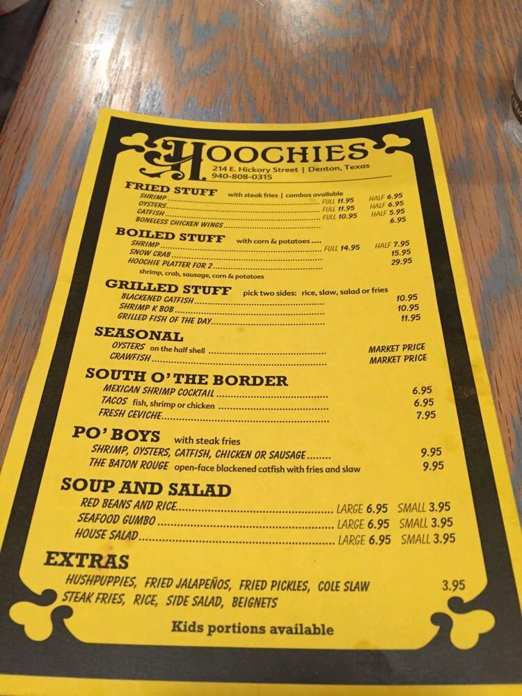 Menu at Hoochies restaurant, Denton, 214 E Hickory St