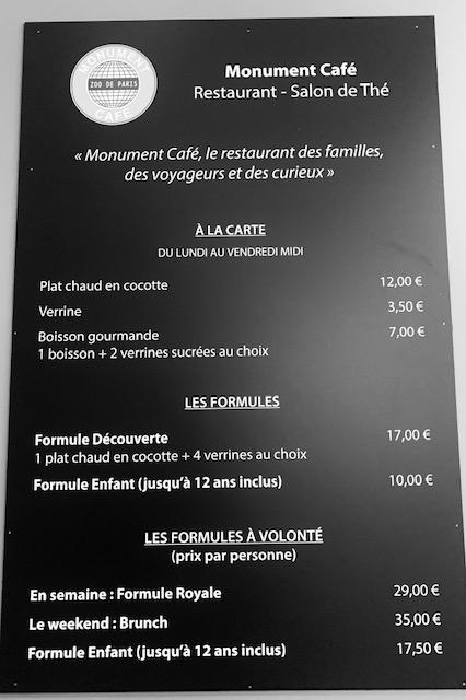 Menu at Monument Café Zoo de Paris, Paris