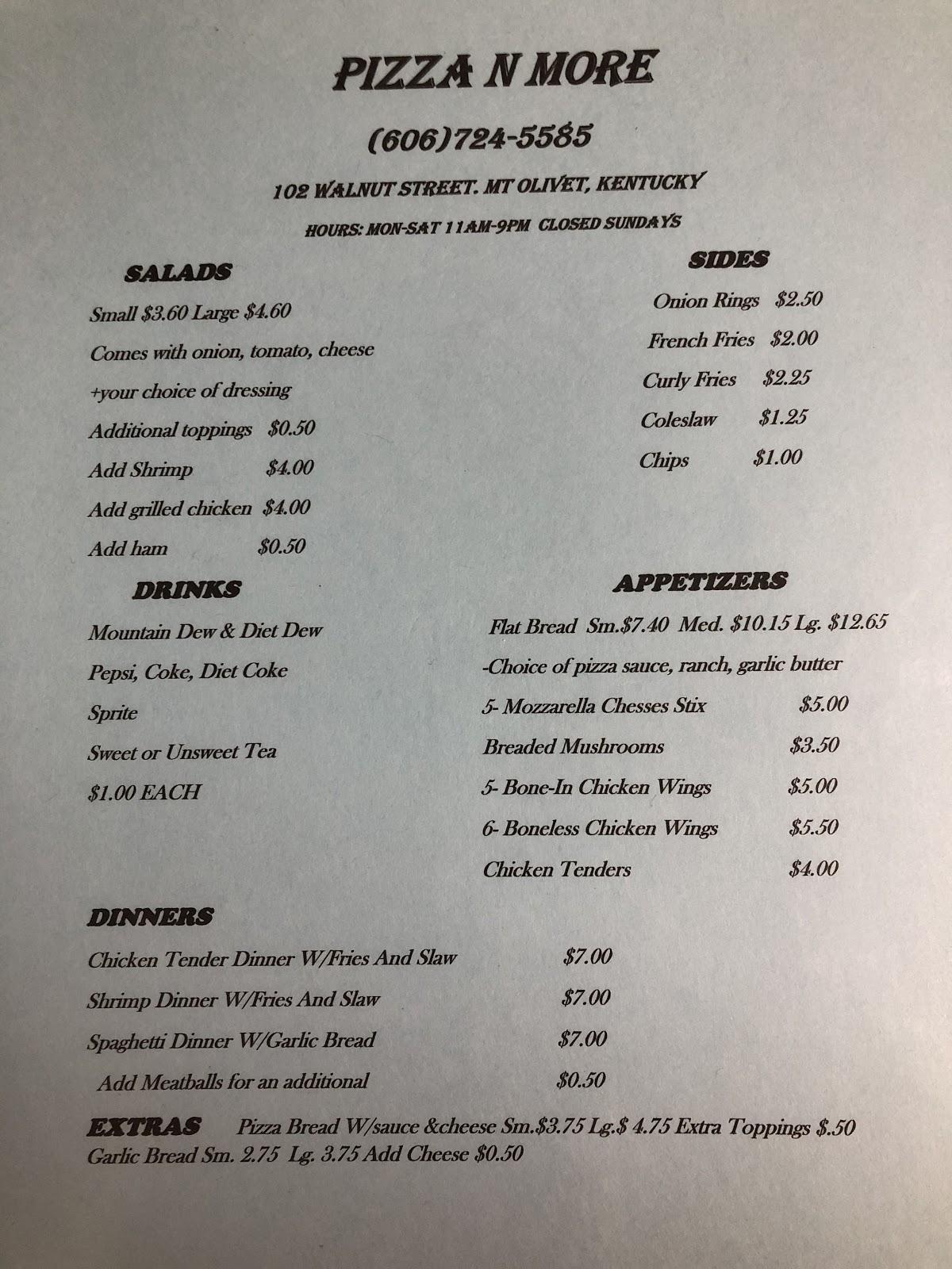 Menu at Pizza-N-More pizzeria, Mount Olivet