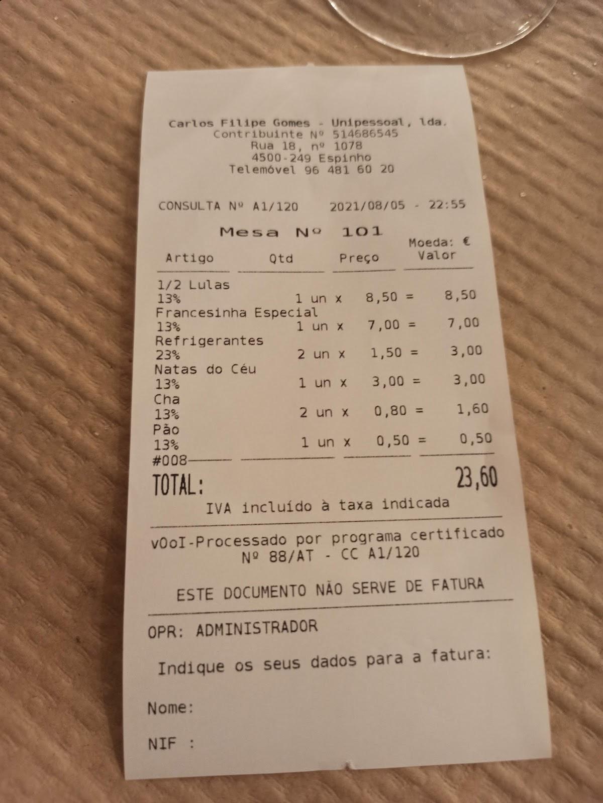 Menu at Ritual 18 restaurant, Espinho