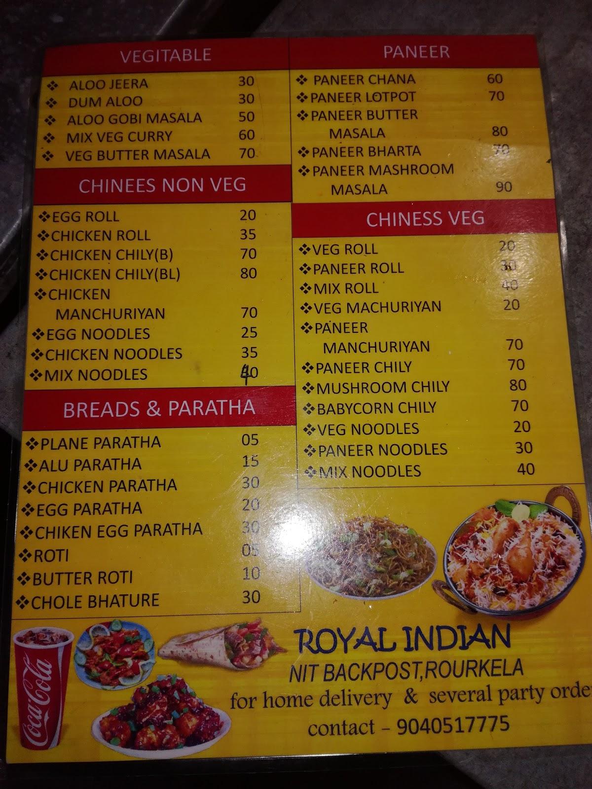 Menu at Royal Indian Hotel, Rourkela