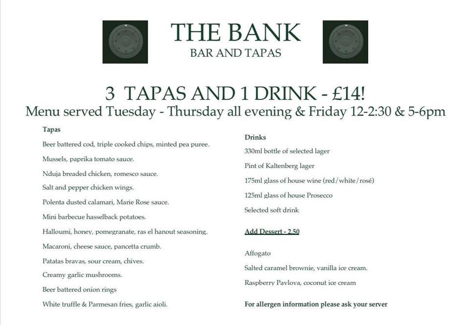 Menu at The Bank Bar and Tapas, Dumfries