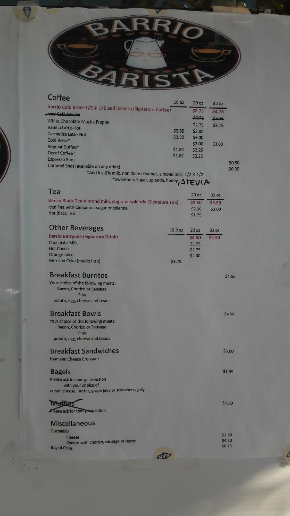 Menu at Barista del Barrio, Tucson