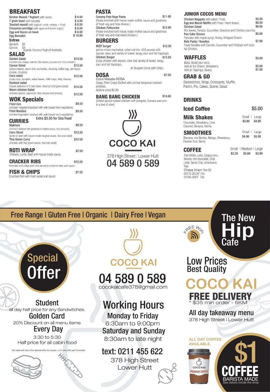 Menu at Coco Kai restaurant, Lower Hutt