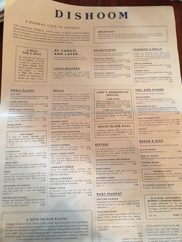 Menu at Dishoom Shoreditch restaurant, London, 7 Boundary St