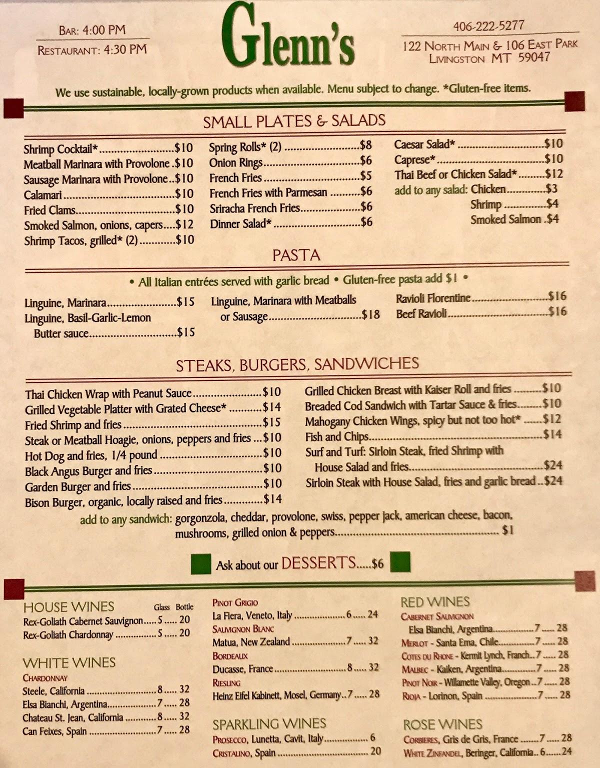 Menu at Glenn's, Food and Spirits pub & bar, Livingston