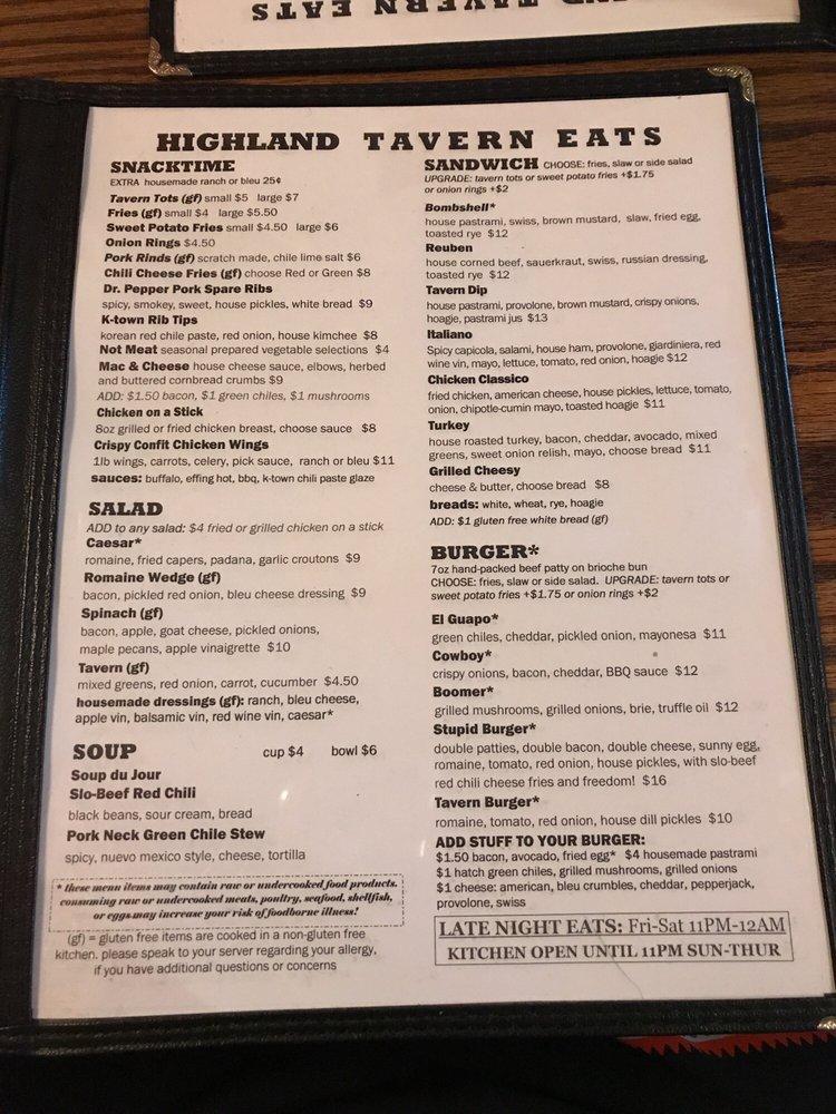 Menu at Highland Tavern pub & bar, Denver
