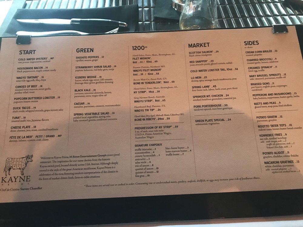 Menu at Kayne Prime Steakhouse, Nashville