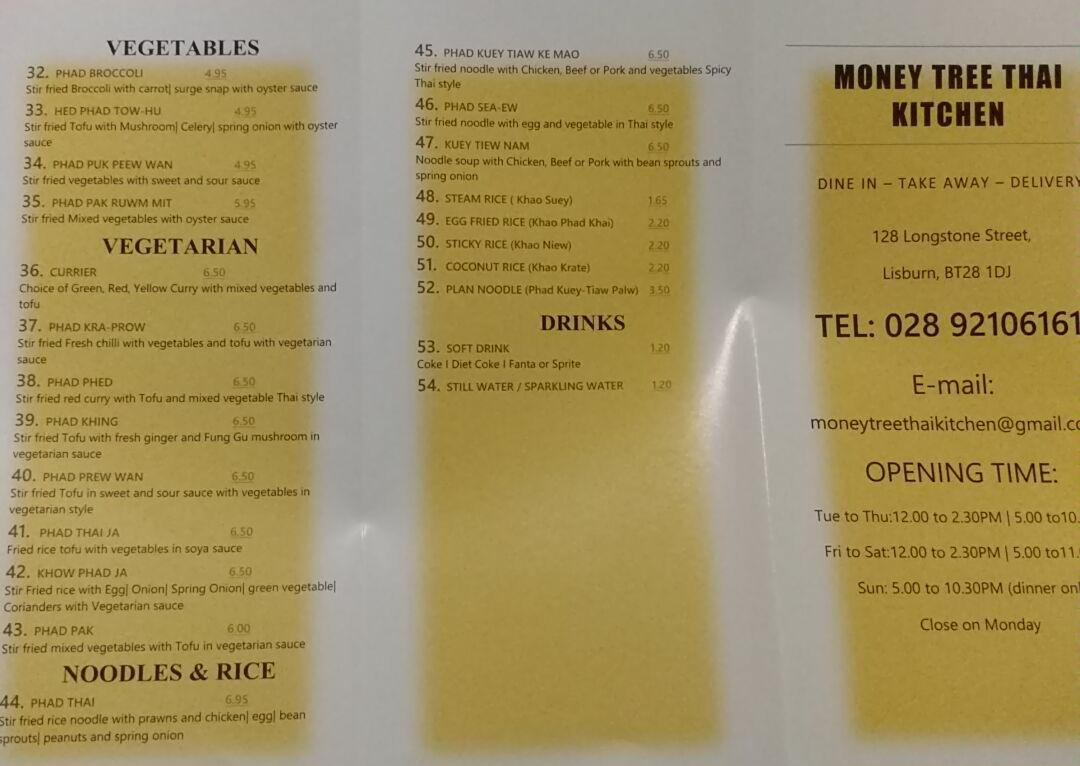 Menu at Money Tree Thai Kitchen restaurant, Lisburn