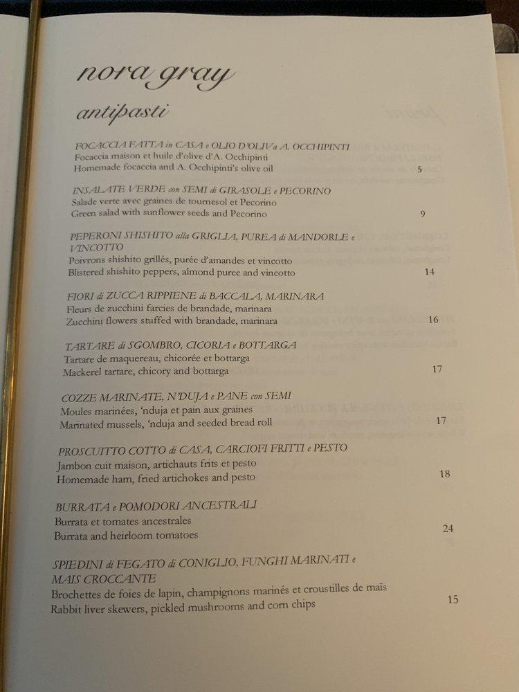 Menu at Nora Gray restaurant, Montréal