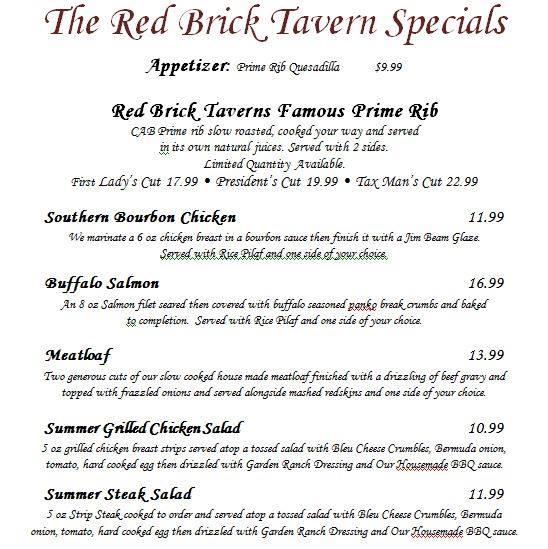 Menu at Red Brick Tavern pub & bar, London, Cumberland St