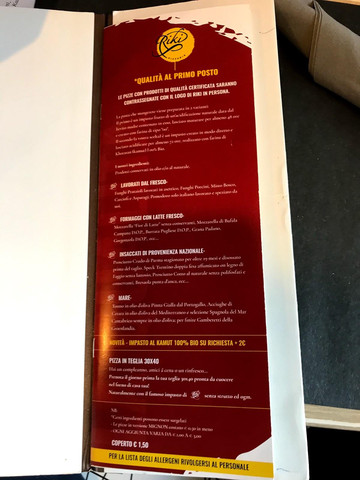 Menu at Riki pizzeria Padova, Padua