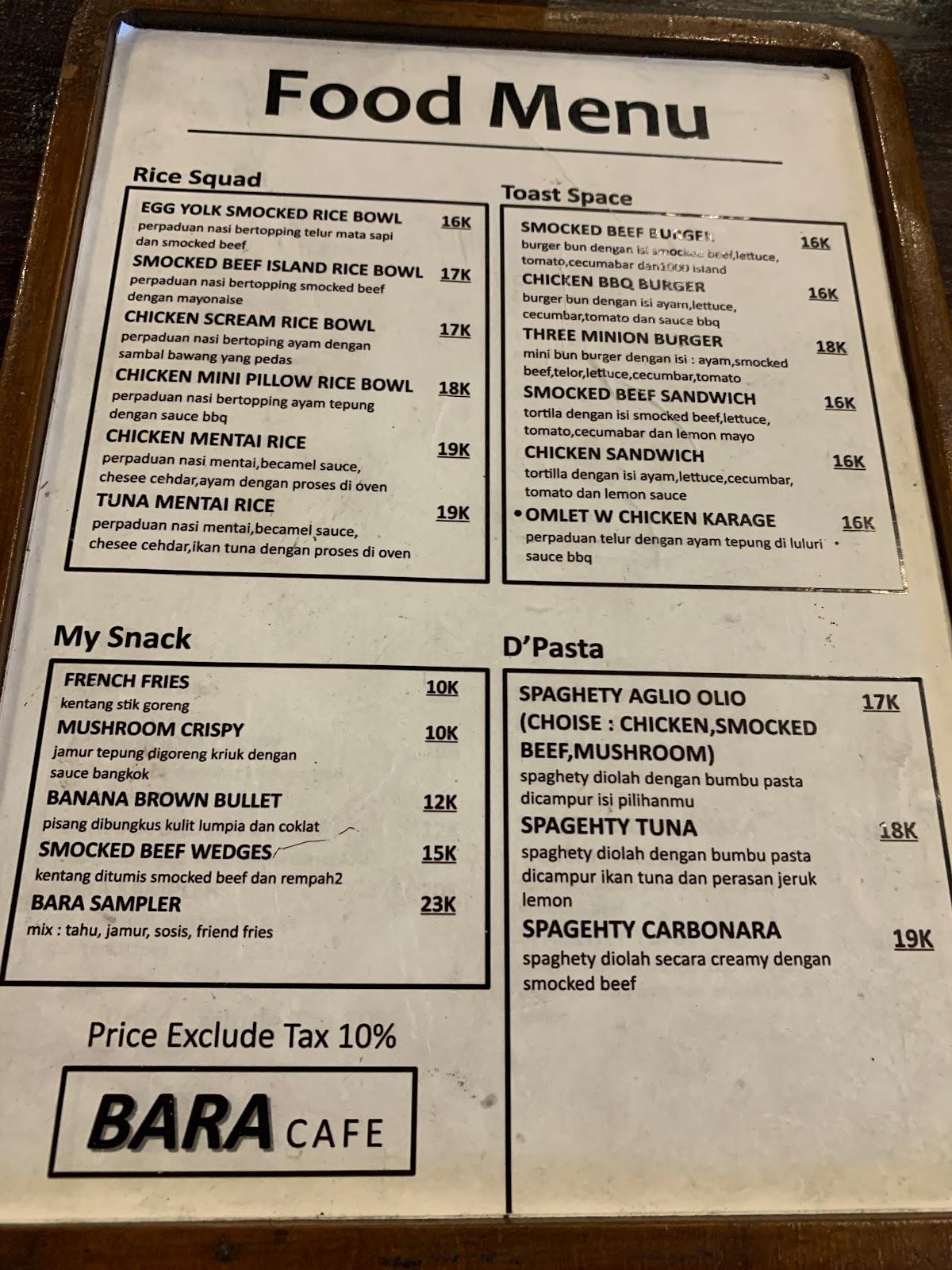 Carta de BARA CAFE, Surabaya