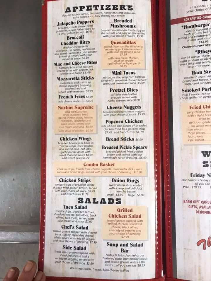 Menu at The Barn, Sherrill
