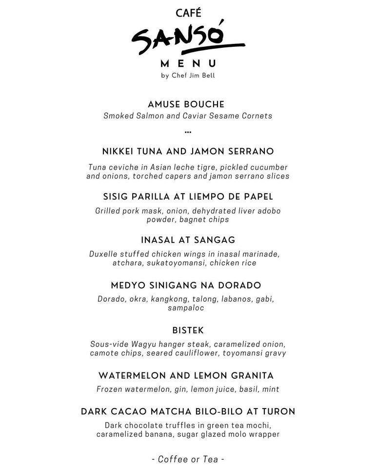 Menu at Cafe Sanso, San Juan, 32 V. Cruz