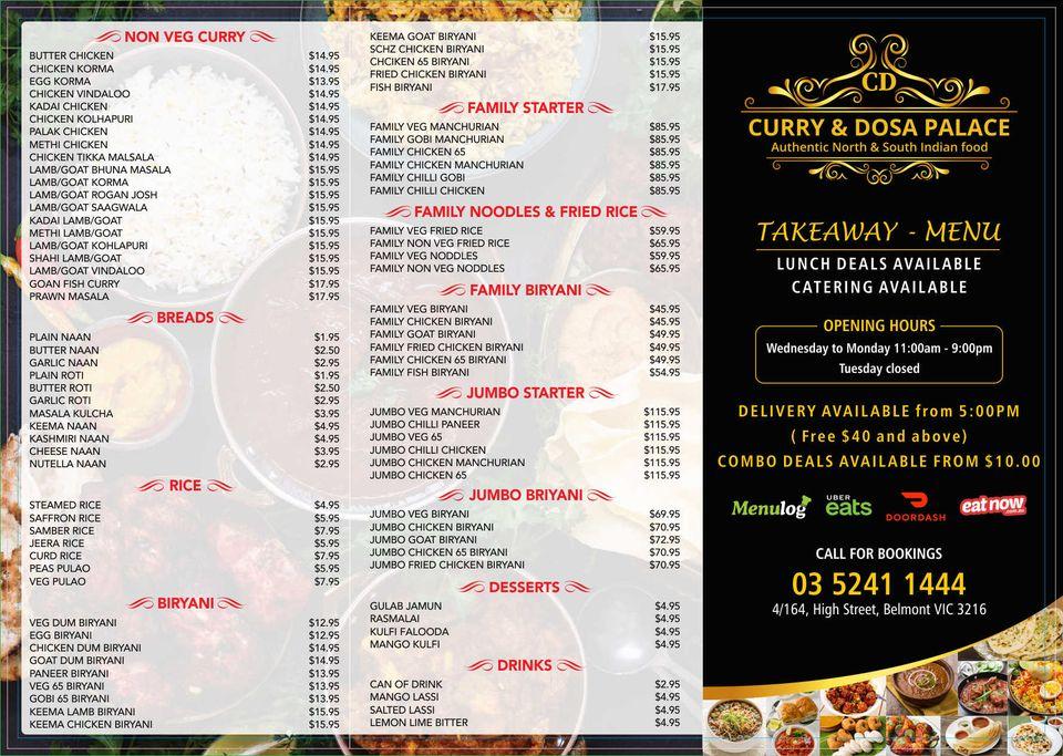 Menu at Curry and Dosa Palace restaurant, Belmont