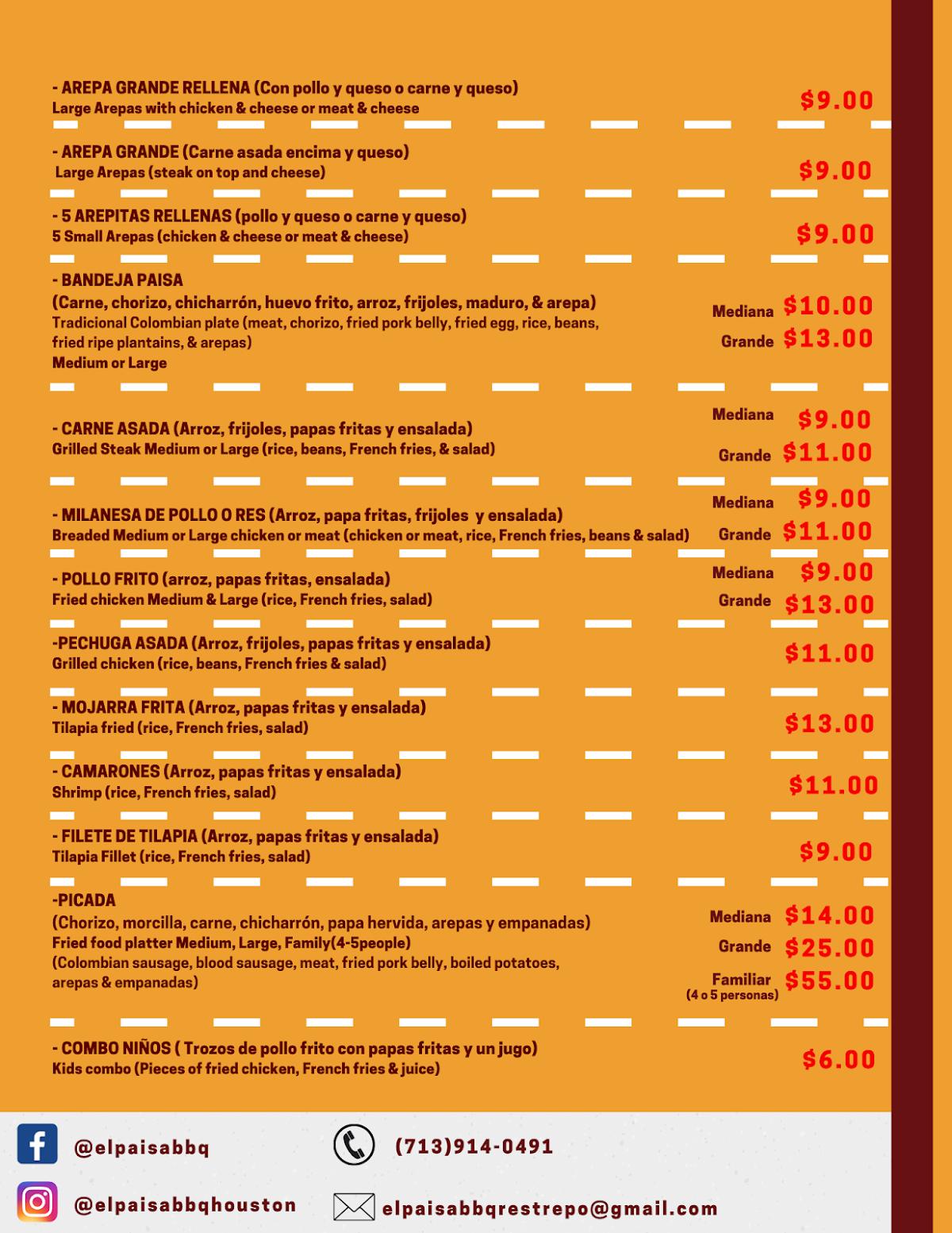 Carta de El Paisa BBQ, Houston