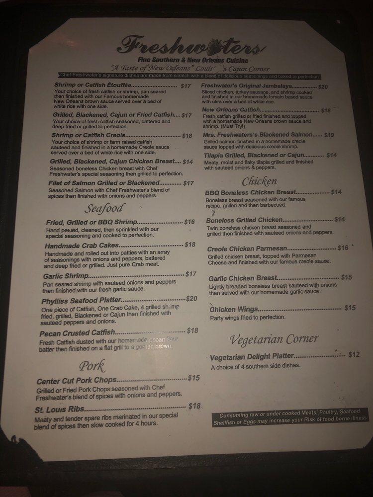 Menu at Freshwaters Southern New Orleans restaurant, Charlotte