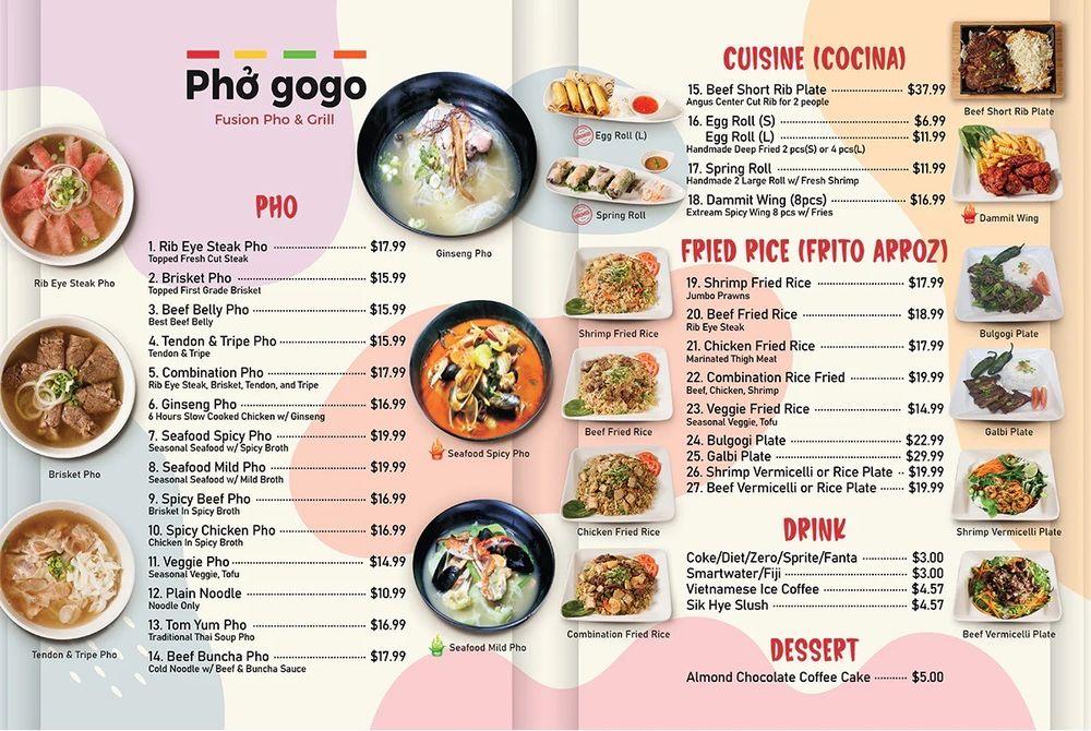 Menu at Pho gogo restaurant, Los Angeles
