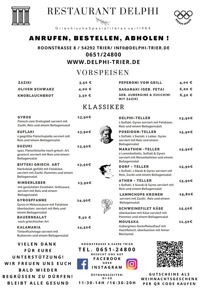 Menu at Restaurant Delphi, Trier