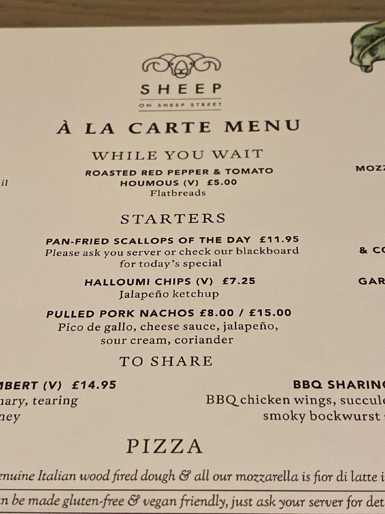 Menu at Sheep on Sheep Street pub & bar, Stow-on-the-Wold