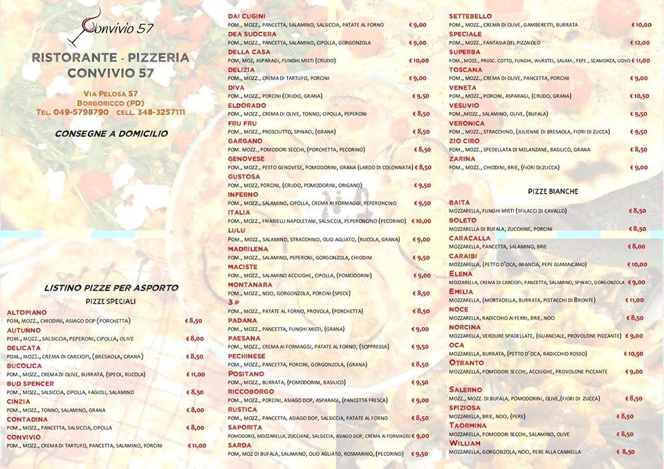 Menu da Ristorante Pizzeria Convivio 57, Borgoricco