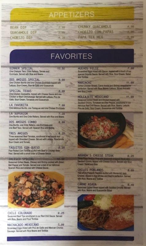 Menu at Los Dos Amigos restaurant, Miami
