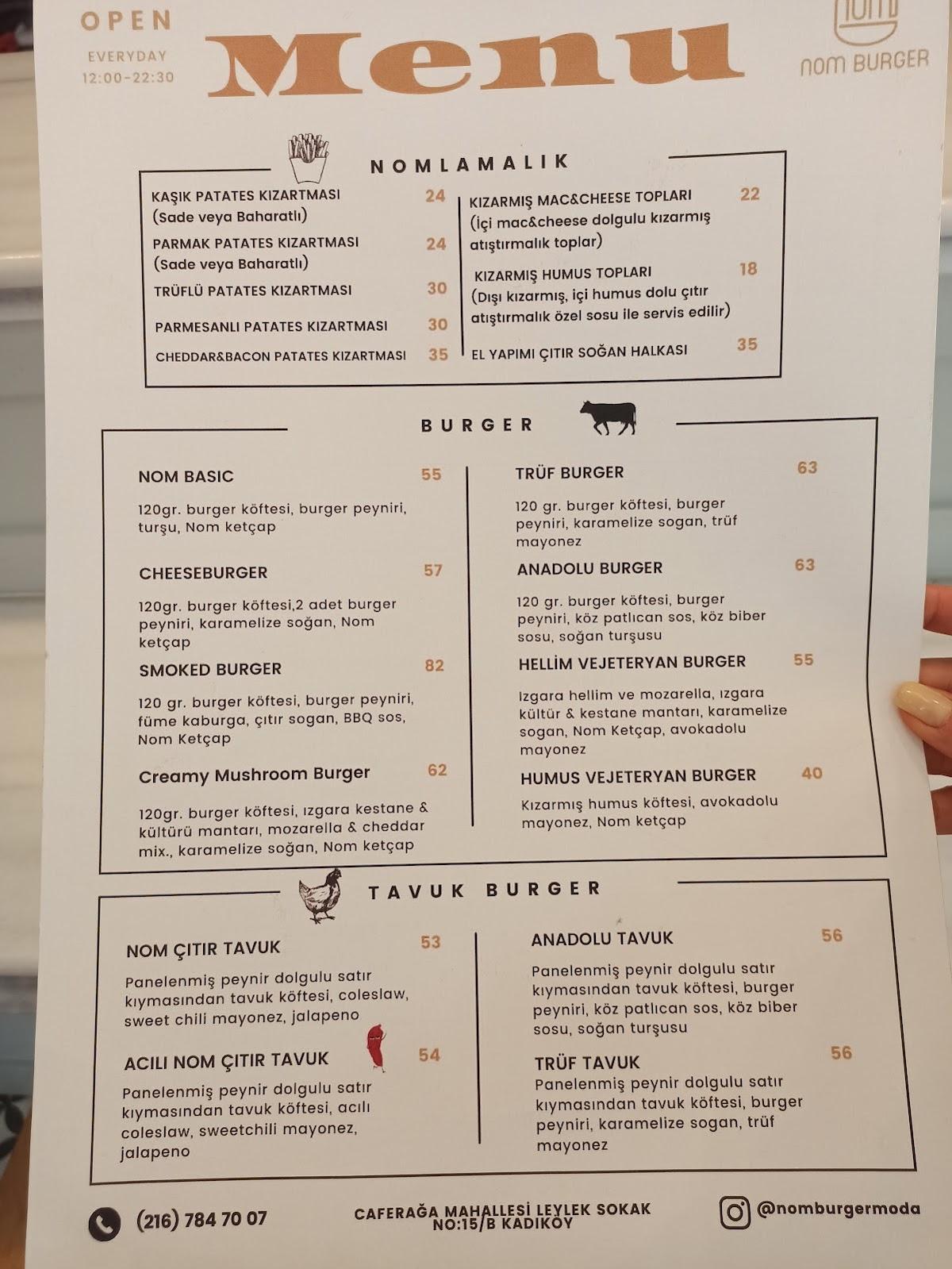 Menu at NOM BURGER, Istanbul