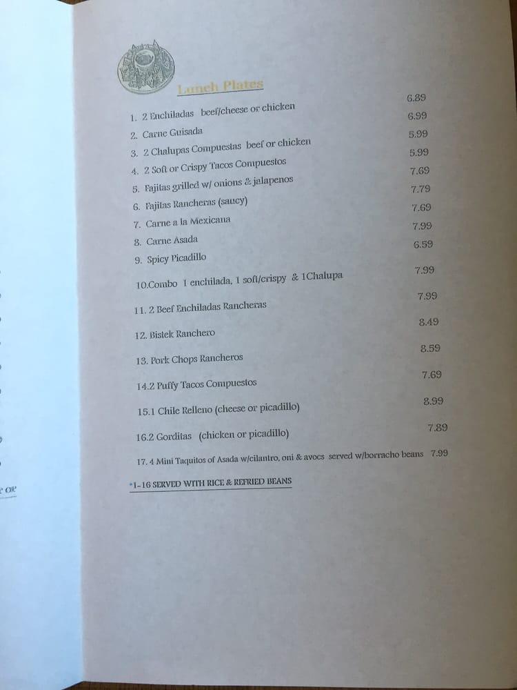 Menu at Pica Taco restaurant, McQueeney