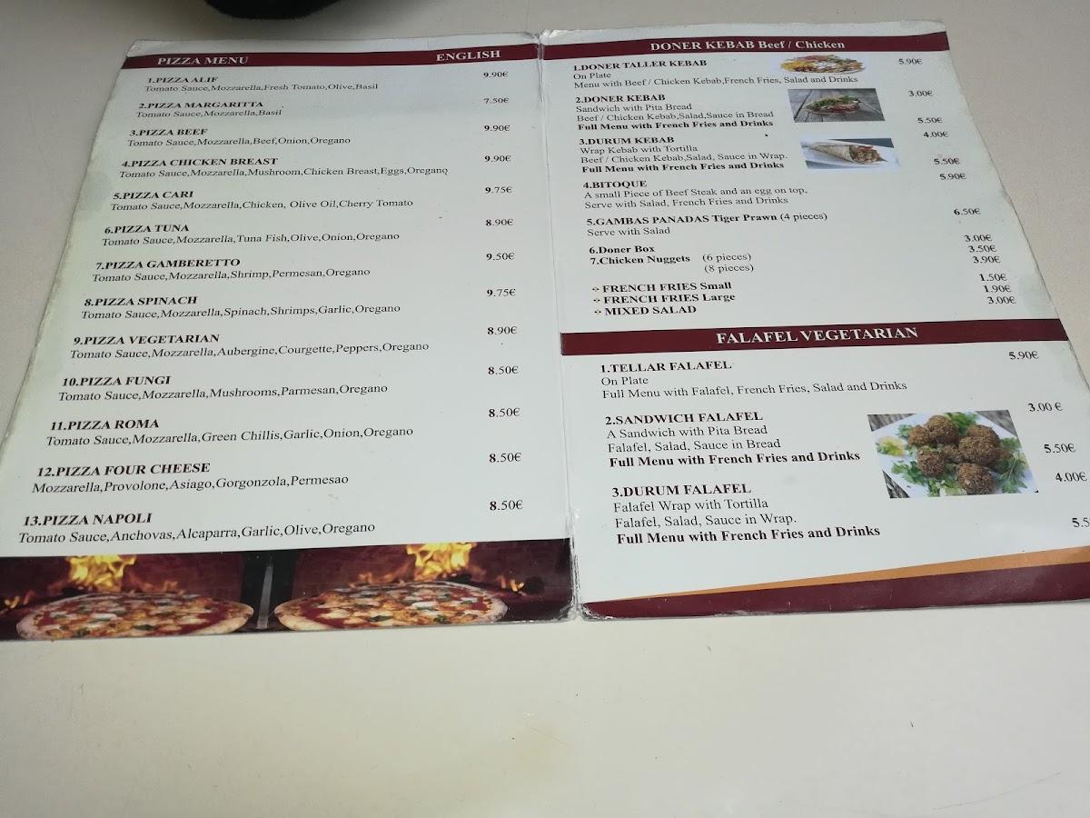 Menu at Pizza Alif Kebab pizzeria, Lisbon