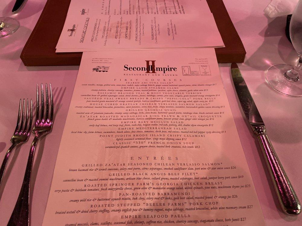 Carta de Second Empire Restaurant and Tavern, Raleigh