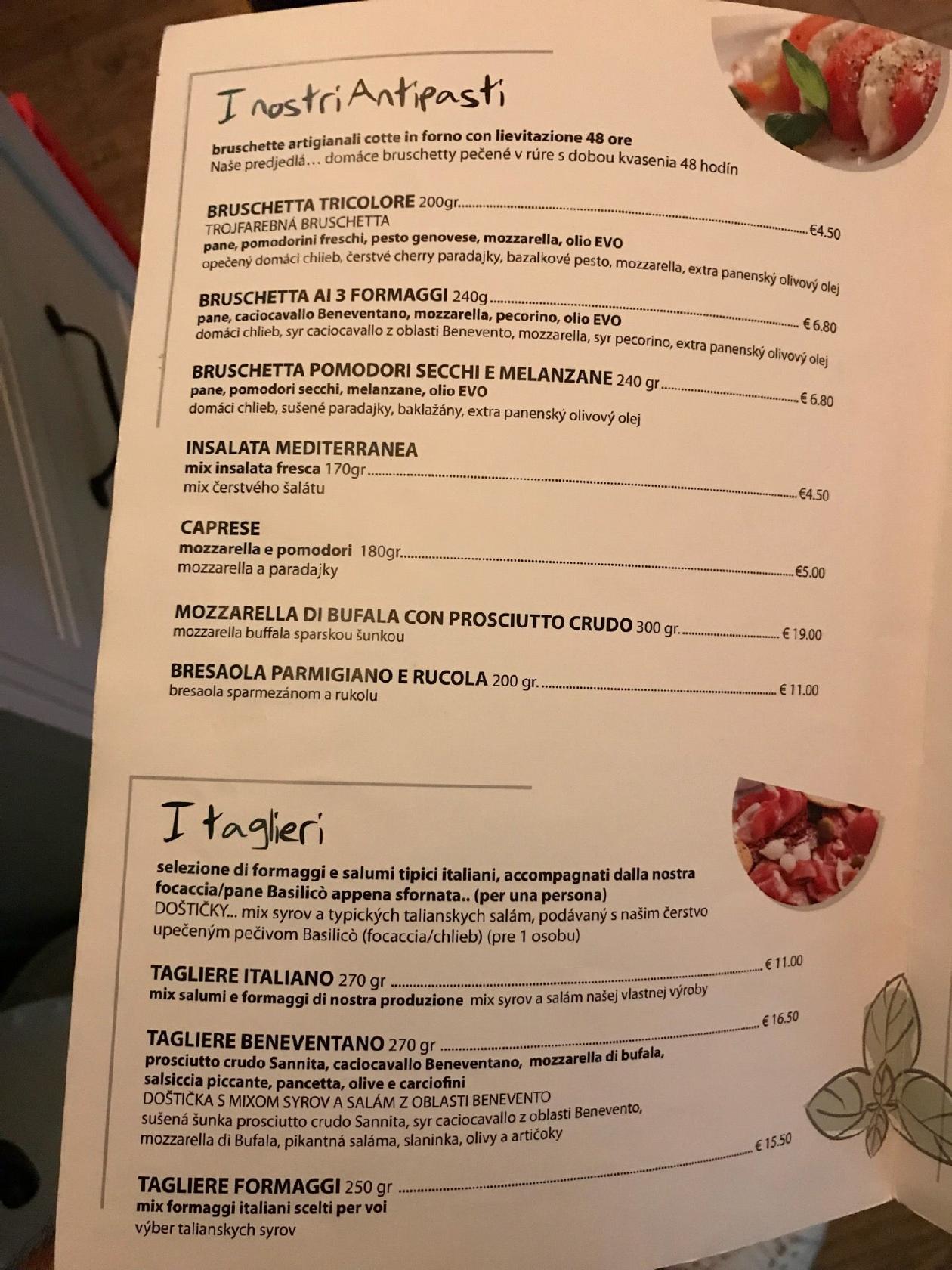 Menu at Basilico restaurant, Bratislava, Dunajská 25