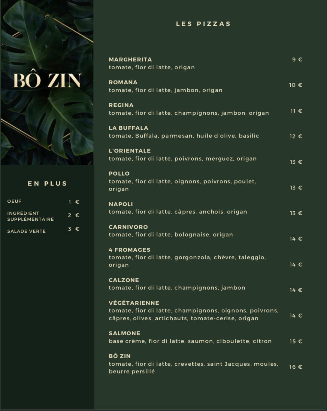Menu au Bô-Zin Restaurant à Guèrande, Guérande