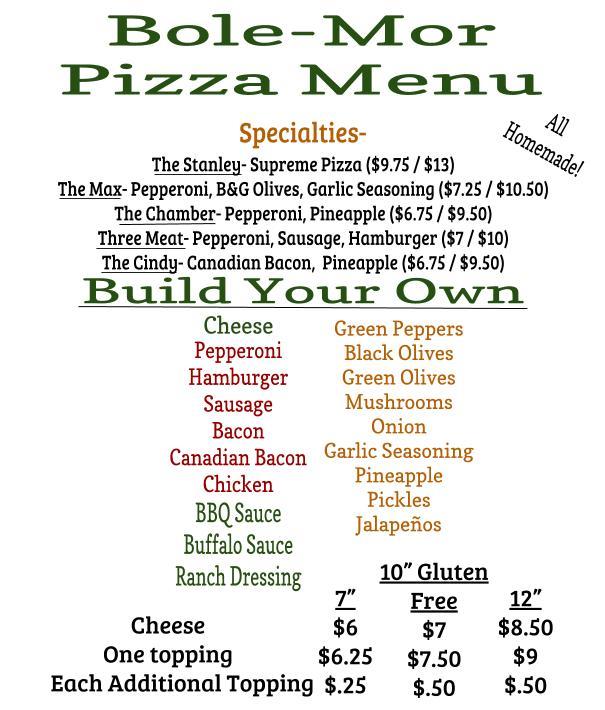 Menu at Bole Mor Lanes, Pipestone