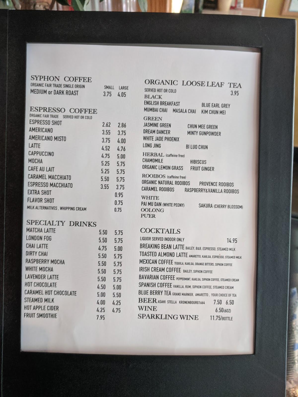 Menu at Breaking Bean cafe, Vancouver