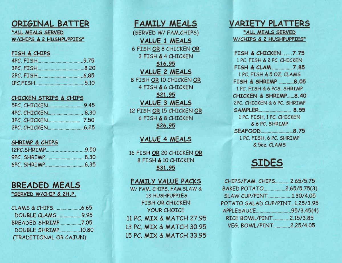 Menu at Captain Arthur's restaurant, Youngstown